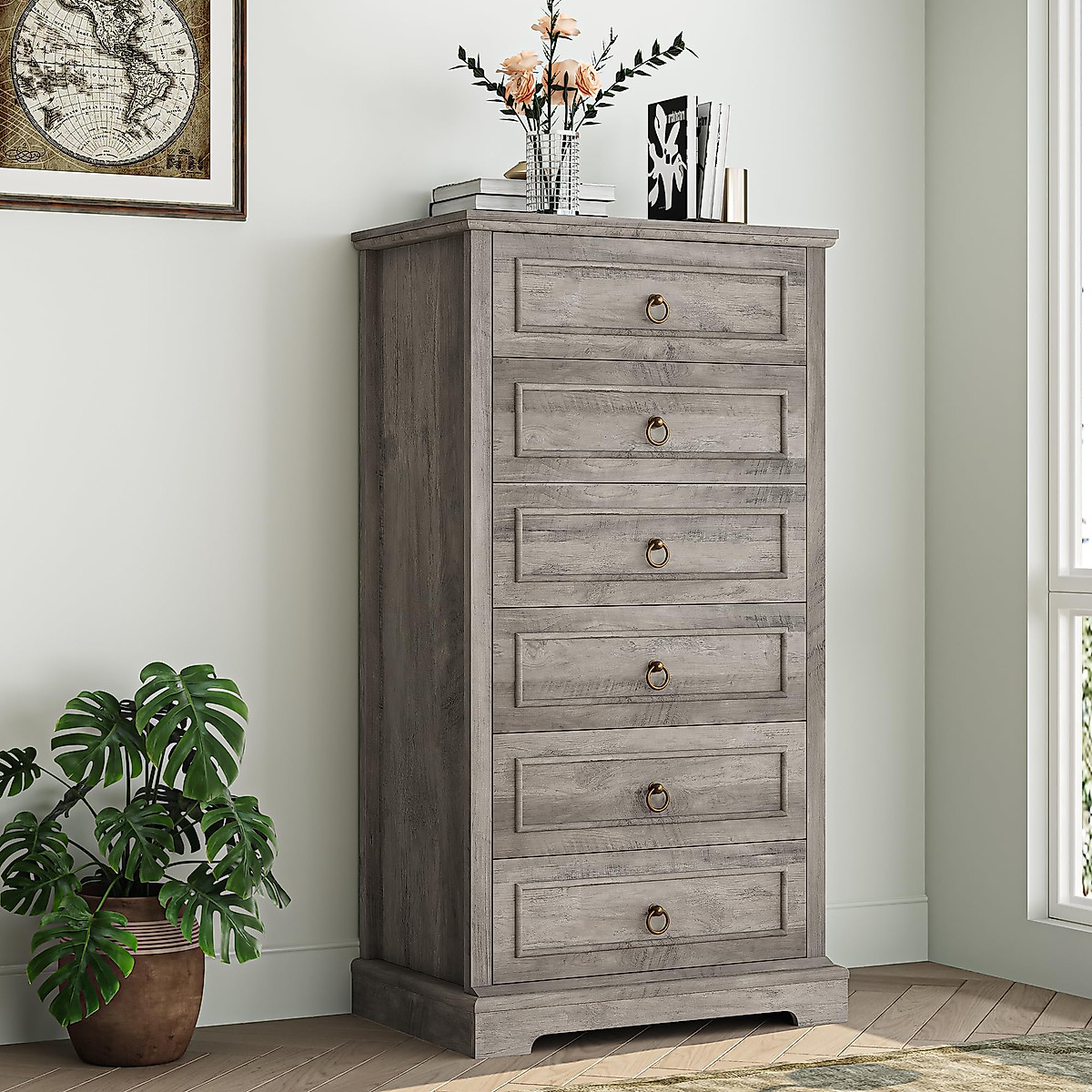 HOSTACK 6 Drawers Dresser, 52" Tall Dresser, Vertical 6 Drawer Dresser, Modern Farmhouse Chest of Drawers, Wood Closet Dresser Storage Dresser Chest for Living Room, Hallway, Entryway, Ash Grey
