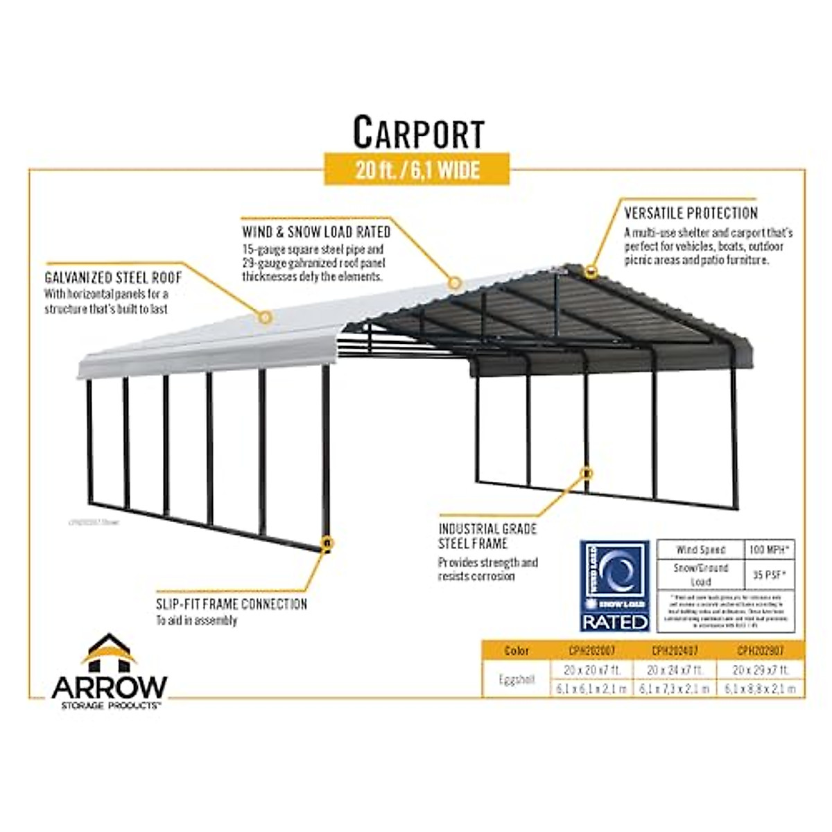 ARROW CPH202007, 20x20, Eggshell Carports, 20' x 20'