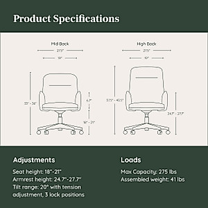 Branch Softside Mid Century Modern Office Chair, Vegan Leather - Removable Arms & High Back Design with Luxury Cloud-Like Comfort - Adjustable Height - Integrated Lumbar Support - Canyon