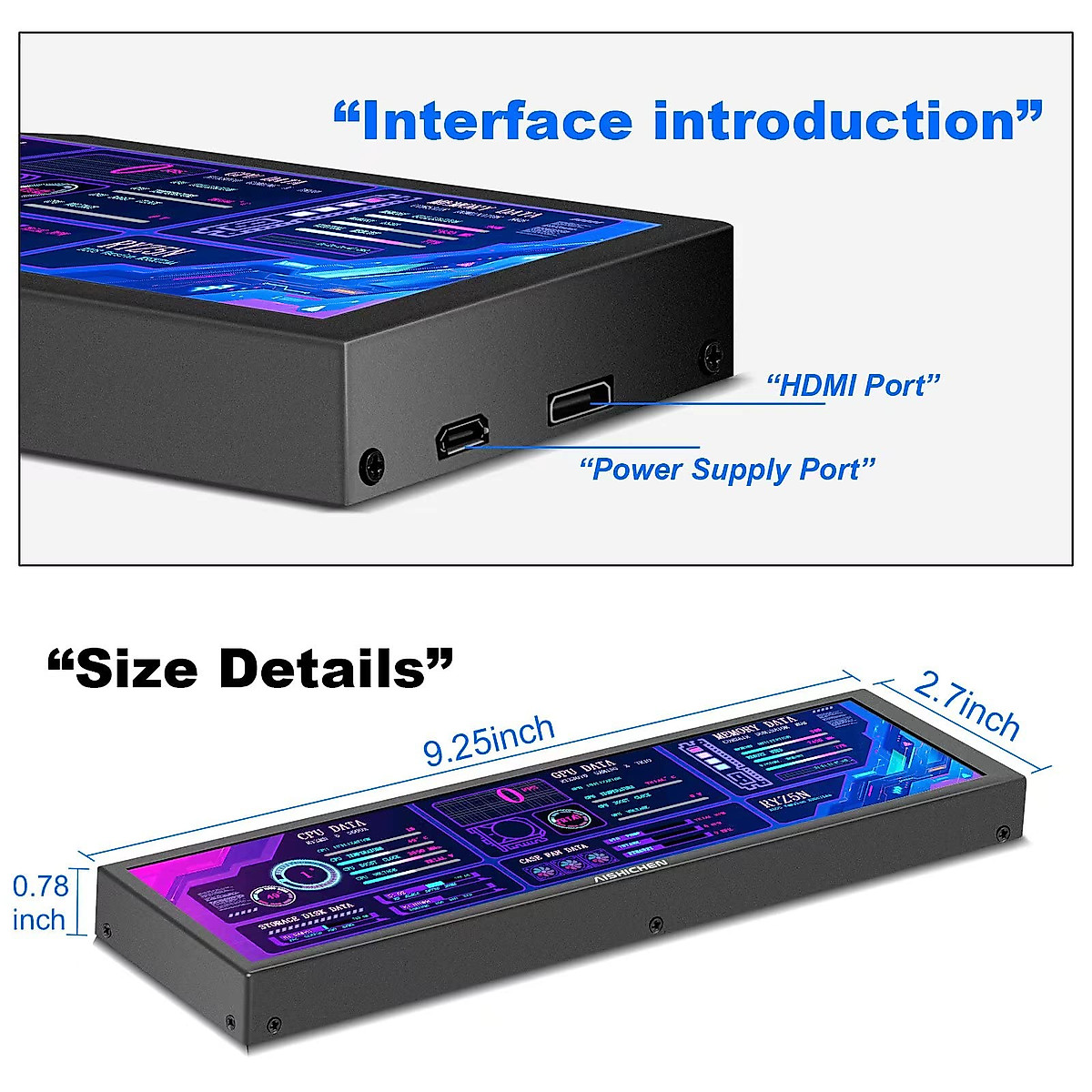 8.8 Inch PC Temperature Display With Case PC Sensor Panel Display Computer Temp Monitor IPS USB Mini Screen AIDA64 PC CPU RAM Data Monito Temperature Monitor for PC ARGB Computer Case Secondary Screen