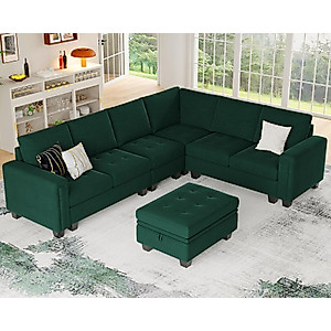 Belffin Velvet L Shaped Sofa Couch with Reversible Chaise Convertible Modular Sectional Sofa Set with Storage Ottoman Corner Sofa Set for Living Room Green