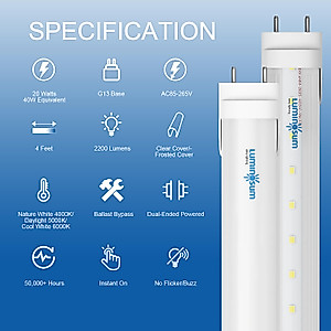 LUMINOSUM T8/T10/T12 4 Foot LED Light Tube 20W 48 inch, 40W Equivalent, Natural White 4000K, Frosted Cover, Dual-end Powered, Ballast Bypass Retrofit, ETL Listed, 10-Pack