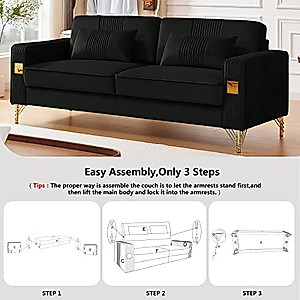 Betoko Velvet Upholstered Sofas Couches for Living Room Modern Channel Tufted Small 3 Seater Sofa Couch with Golden Metal Legs for Bedroom Office and Small Spaces (Black)