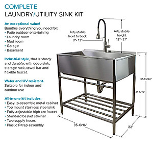 Transolid TFH-3622-SS 36 in. x 22 in. x 34.3 in. Stainless Steel Laundry Sink with Wash Stand in Brushed Satin