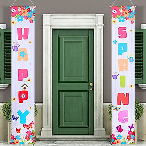 Hello Spring Door Cover Spring Floral Jar Door Backdrop Decor Colorful Flower Butterfly Hanging Seasonal Door Banner for Spring Easter Party Decor Supplies (Happy Spring)