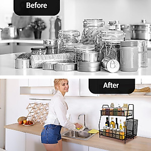 ManGotree Bathroom Countertop Organizer, 2-Tier Spice Rack Organizer, Vanity Organizer with Toiletries Basket, Kitchen Counter Organizer for Bathroom, Kitchen, Bedroom, Offices (Black)