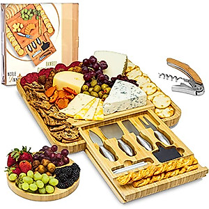 Morvat Bamboo Wood Cheese & Cracker Board Set, Charcuterie Cutting Tray, Serving Gift for Wedding Housewarming Birthday & Holidays, Includes Round Platter & Fully Stainless Steel Cutlery & Corkscrew