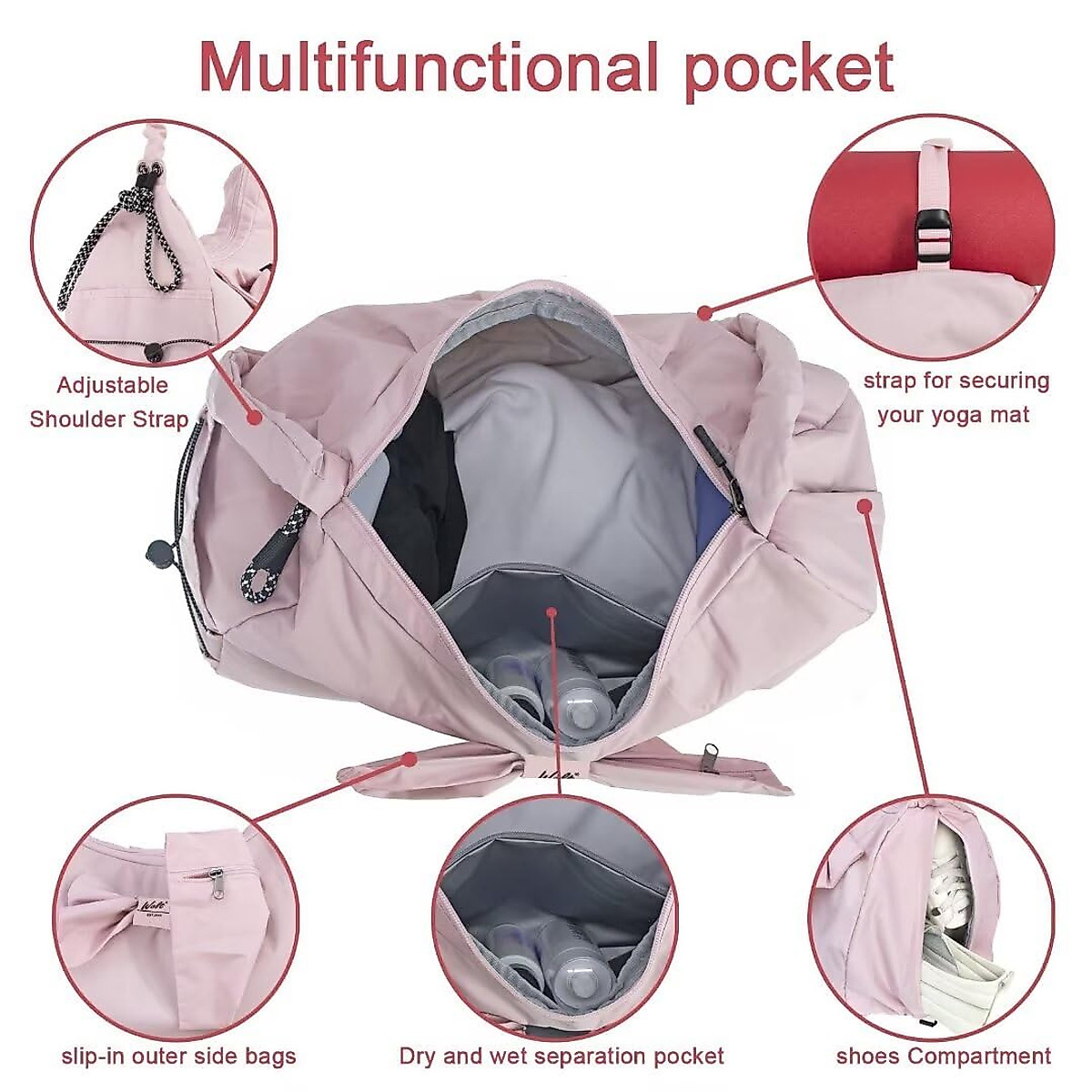 WOLT Gym Bag For Women, Pink Yoga Mat Bag with Shoes Compartment, Wet Pocket and Water Bottle Pocket