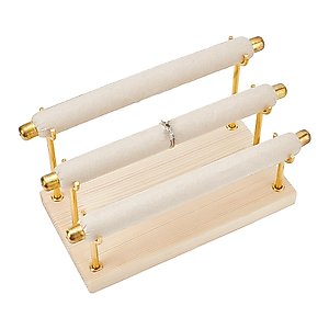 NBEADS 3-Tier Velvet Bar Ring Display Stand, Multi-Layer Ring Storage Shelf Detachable Metal Shelf for Rings Crafts Jewelry Storage Display, Wooden Base, Old Lace, 8.2×3.9×4.3"