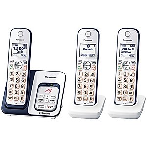 Panasonic Expandable Cordless Phone System with Link2Cell Bluetooth, Voice Assistant, Answering Machine and Call Blocking - 3 Cordless Handsets - KX-TGD563A (Navy Blue/White)