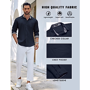 COOFANDY Mens Casual Shirts Long Sleeve Button Up Dress Shirts for Men Linen Beach Wedding Shirts, Navy Blue, XX-Large