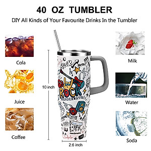 40 oz Insulated Tumbler with Handle, Stainless Steel Straw and silicone sleeves, Leakproof Travel Mug for Water, Iced Tea or Coffee, Insulated Cup Gifts for Women & Men, Music Pattern