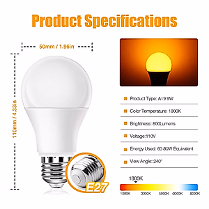 Neporal Amber Light Bulbs 9W, Soft Warm Sleep Light Bulbs 60W Equivalent, Blue Light Blocking Amber Night Light Bulbs 1800K, Bedtime Light Bulb for Healthy Sleep.