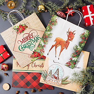 JOYIN 24 Pcs Christmas Kraft Paper Gift Bags with Twine Handles, 12 X 12 X 5'' Large Xmas Gift Bags with 12 Designs for Holiday Present Wrapping, Christmas Goodie Bags, Xmas Goody Bags Party Supplies