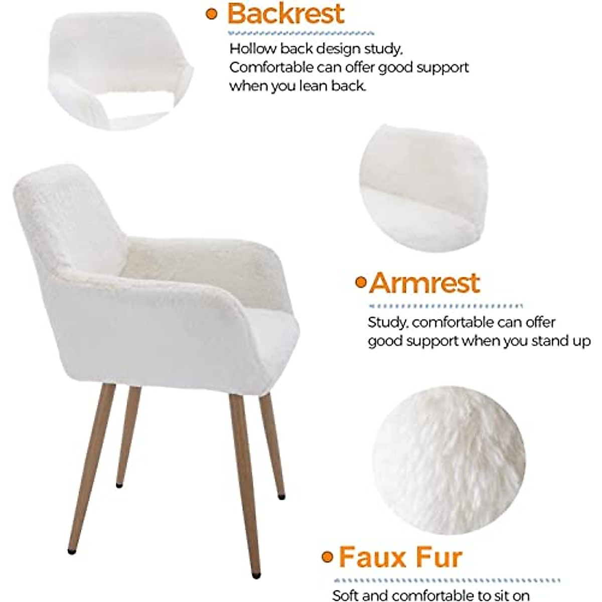 SSLine Faux Fur Vanity Chair Elegant White Furry Makeup Desk Chairs for Girls Women Modern Comfy Fluffy Arm Chair with Wood Look Metal Legs in Bedroom Living Room