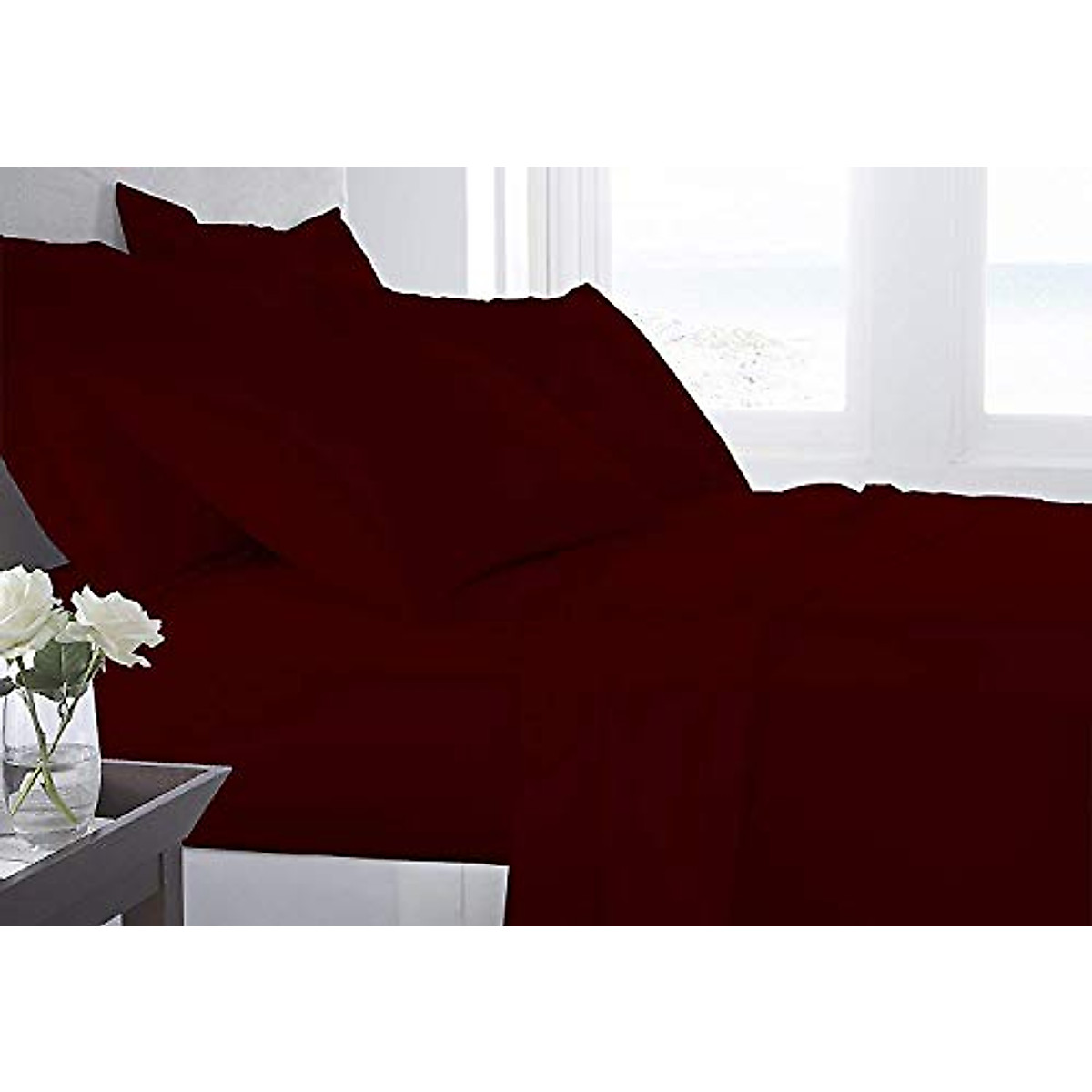 Cotton Home Depot 6 PCs Bed Sheet Set Egyptian Cotton 600 Thread Count(Flat Sheet, Fully Elasticized Fitted Sheet & 4 Pillow Cases), Pocket Size 16 Inches, Wine, Twin