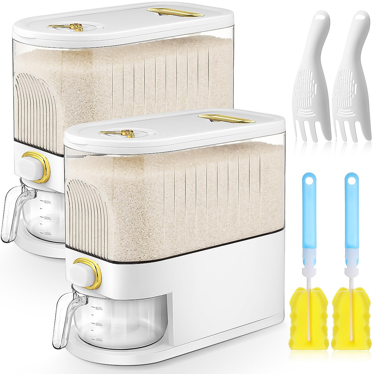 Singhoow 2 Pcs 11lbs Rice Storage Container Large Rice Dispenser with Time Scale Cereal Dry Food Dispenser Rice Holder with Rice Washing Spoon and Cleaning Brush for Kitchen, Clear and Ivory White