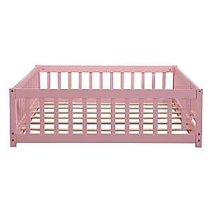Harper & Bright Designs Full Size Floor Bed Montessori Bed Frame with Fence and Door, Wooden Full Platform Bed for Kids, Boys Girls, Slats Included, No Box Spring Needed (Full, Pink)