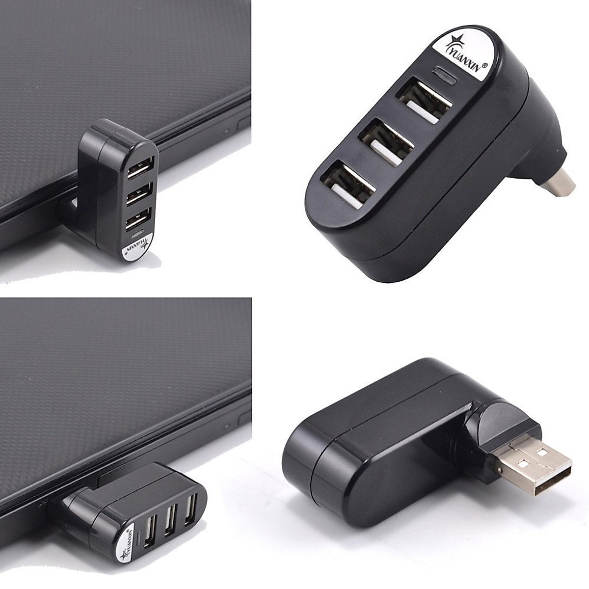 Sudroid 3-Port USB 2.0 Rotatable Hub [90°/180° Degree Rotatable] (Black)