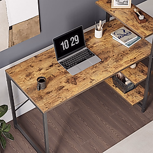 CubiCubi Small Computer Desk with Shelves, 40 Inch Reversible Home Office Desk with 3 Tier Storage Bookshelf, Study Writing Office Table, Brown