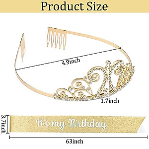 BAHABY Birthday Crown for Women It's My Birthday Sash & Rhinestone Tiara Set Birthday Sash and Tiara for Women Rhinestone Headband for Girl Glitter Crystal Hair Accessories for Party- Gold