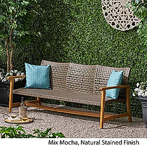 Great Deal Furniture Marcia Outdoor Wood and Wicker Sofa, Natural Finish with Mix Mocha Wicker