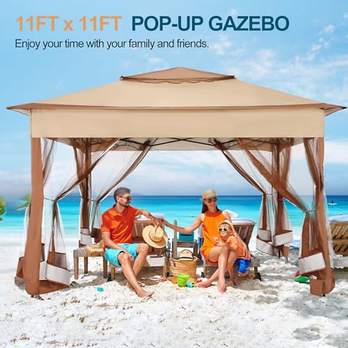 COBIZI 11x11 Pop Up Gazebo Canopy Tent Easy Up Outdoor Gazebo Waterproof Upgrade Portable Gazebo with Mosquito Nettings, Double Vented Roof and Carry Bag for Patio Garden Lawn(Khaki)