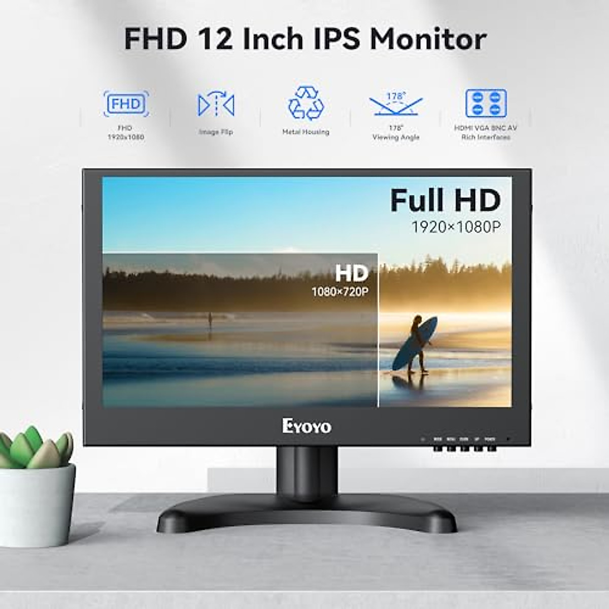 Eyoyo Small TV Monitor 12 inch Security Camera Monitor 1920x1080 IPS Computer Screen with HDMI VGA BNC AV USB Ports Metal Housing Mini LED Monitors Built in Speakers CCTV Monitors for Home Office