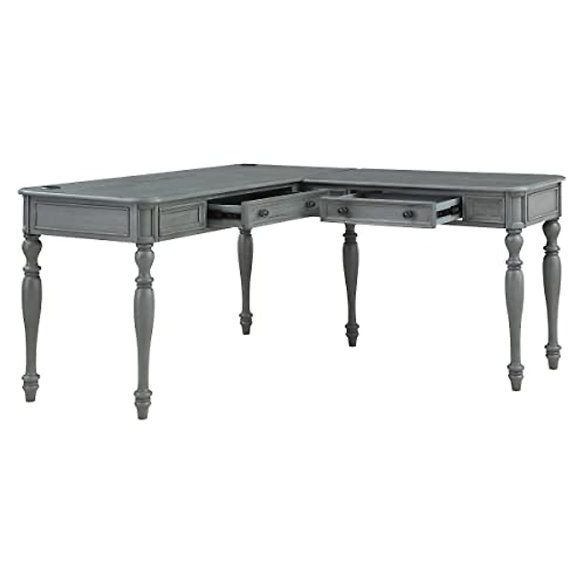 OSP Home Furnishings Country Meadows L-Shape Desk with 2 Full Drawers and Power Hub, Plantation Grey