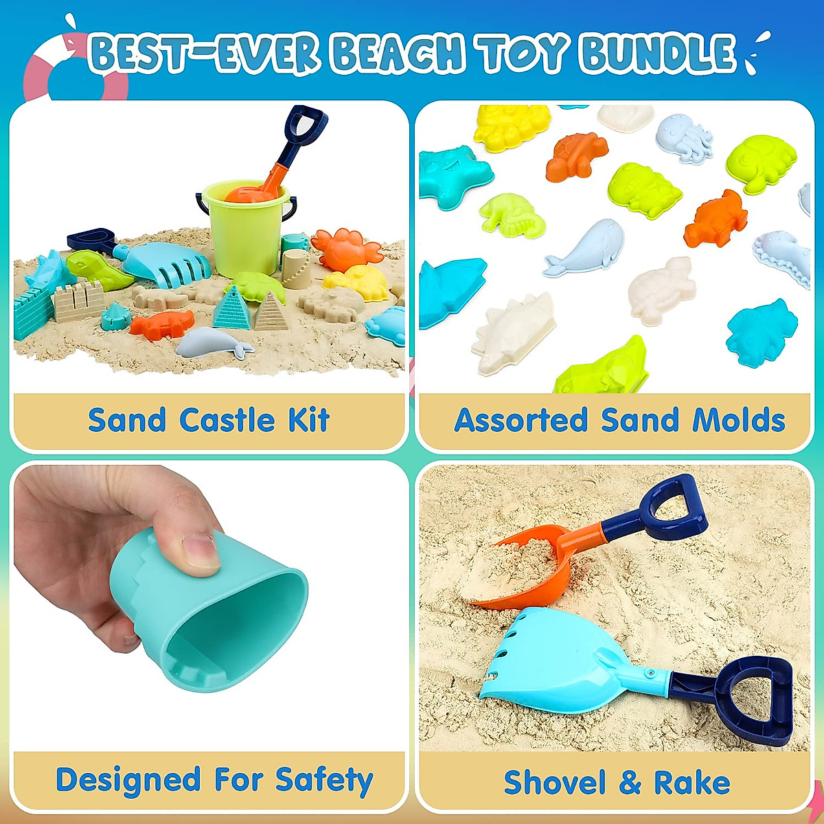 TOY Life 30 Pcs Beach Sand Box Toys for Kids Toddlers 3 6 8 12, Sand Castle Kit Toys for Beach, Sandbox Toys, Sand Castle Molds, Travel Beach Toy Set, Sand Bucket and 2 Shovel for Kids with Mesh Bag