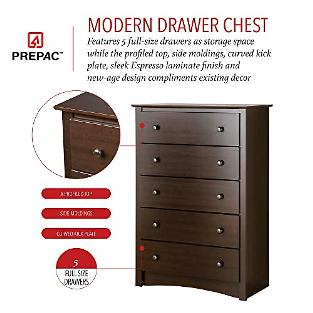 Prepac Fremont Superior 5-Drawer Chest for Bedroom - Spacious and Stylish Chest of Drawers, Measuring 17.75"D x 31.5"W x 44.75"H, In Espresso Finish