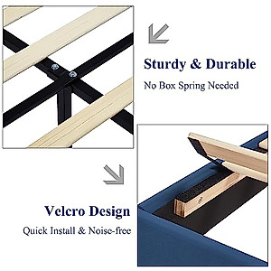VECELO Queen Size Upholstered Bed Frame with Height Adjustable Fabric Headboard, Heavy-Duty Platform Bedframe/Mattress Foundation/Strong Wood Slat Support/No Box Spring Needed, Blue