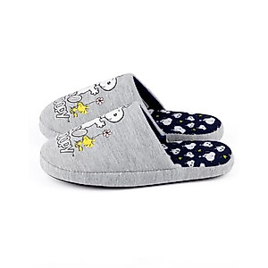 PEANUTS Snoopy Womens Slippers in Grey Marl | Ladies Snoopy & Woodstock Cartoon Footwear | Slip On House Shoes Nightwear