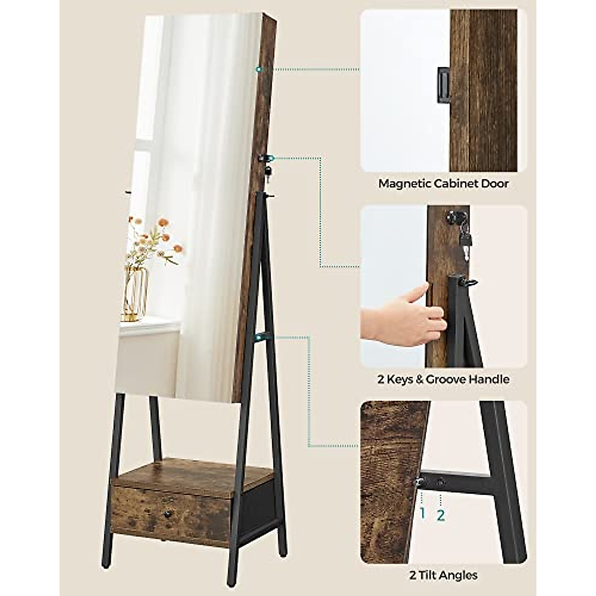 SONGMICS LED Cabinet Standing, Lockable Jewelry Armoire with Full-Length Mirror, Space-Saving Jewelry Organizer with Mirror, Bottom Drawer and Shelf, Gift Idea, Rustic Brown UJJC025X01