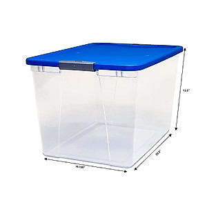 HOMZ X Large 64 Quart Clear Plastic Storage Container with Lid, Snaplock Blue Lid and Grey Latches, 3 Pack