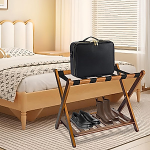 GUANBOM Luggage Rack，Folding Suitcase Stand with Storage Shelf，Luggage Stand for Guest Room Bedroom and Hotel (Brown)