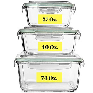 Extra Large Glass Food Storage Containers with Airtight Lid 6 Pc [3 containers with lids] Microwave/Oven/Freezer & Dishwasher Safe. BPA/PVC Free X-Large/Large/Medium Size Reusable Square container set