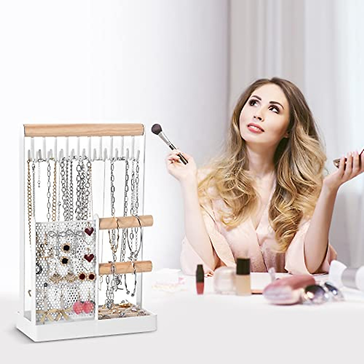 Jewelry Organizer Stand Necklace Holder, 4 In 1 Jewelry Holder with Earring Organizer and Removable Ring Tray, Double-Side 20 Hooks Jewelry Stand for Necklaces Earrings Bracelets Bangles Watches Rings