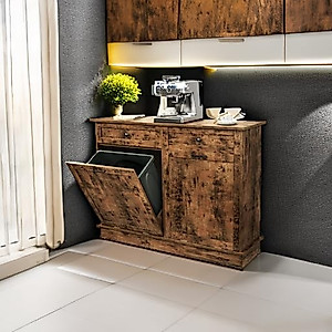 TC-HOMENY Tilt Out Trash Cabinet with Drawer, Free Standing Trash Can Cabinets, Manual and Auto Mode Shutdown Cabinet Door, Recycling Can Cabinet Home, Kitchen, Living Room