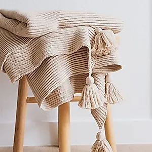 Lumi Living 100% Soft Cotton Textured Raised Stripes Rib Knit Throw Blanket with Tassels (Neutral)