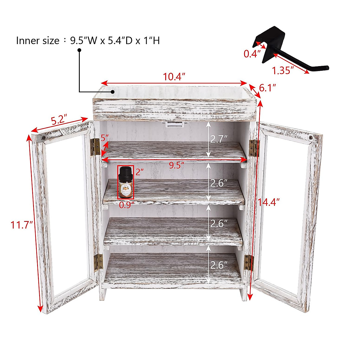 Ikee Design Small Wooden Countertop Storage Cabinet with Adjustable Shelves and Removable Hooks, Perfect for Perfume, Pantry, Essential Oil, 10.4W x 6.1D x 14.4H in, Antique White