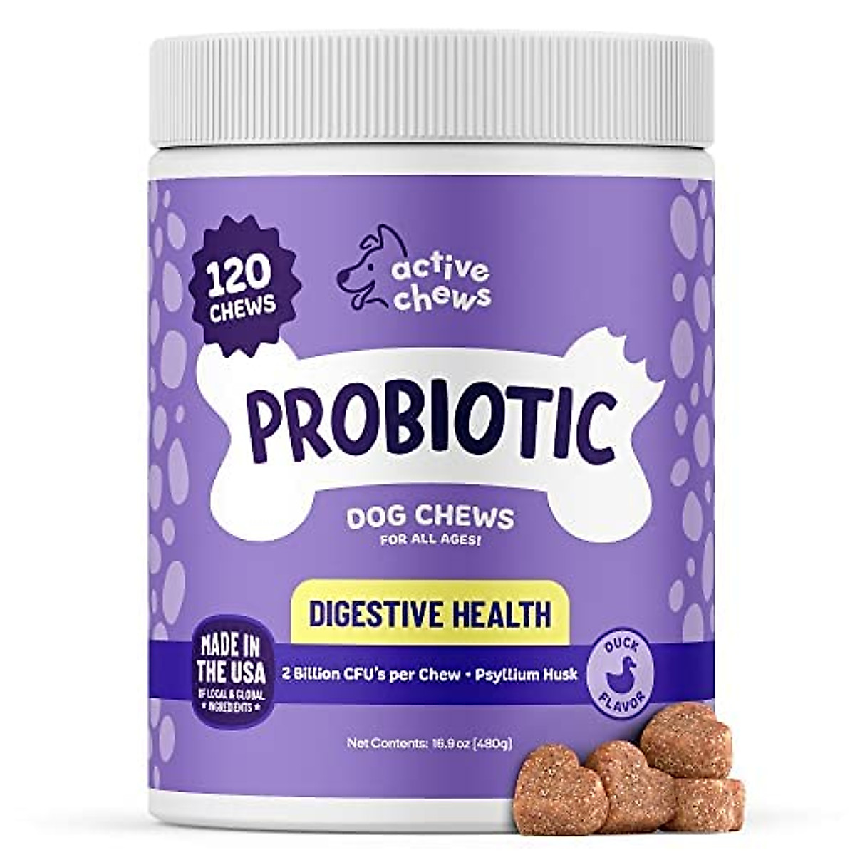 Active Chews | Pet Probiotics for Dogs | Dog Probiotics and Digestive Enzymes for Dogs Diarrhea, Gut Health for Dogs | Probiotic Chews for Dogs w/Fiber, Puppy probiotic Digestive Health, 120 ct