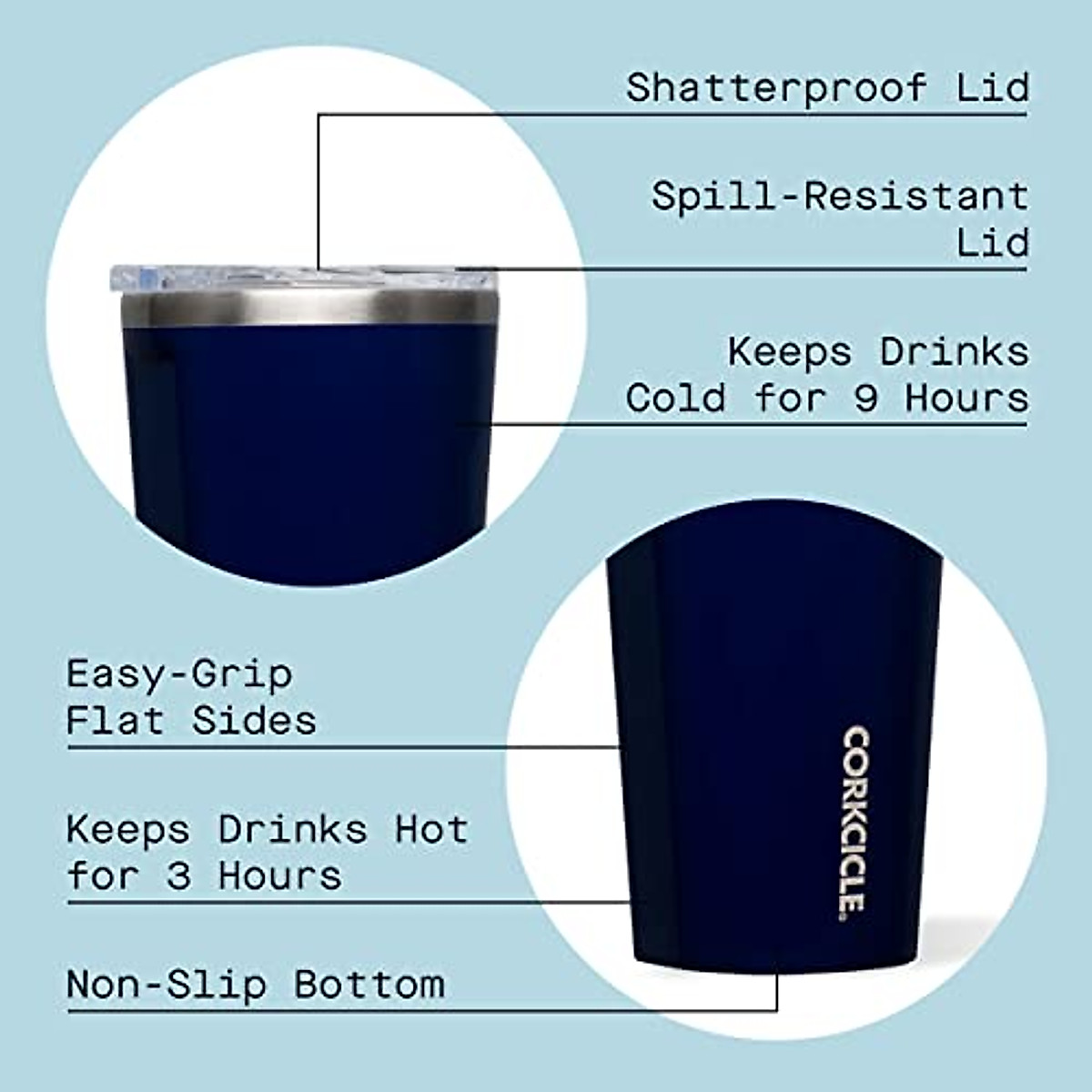 Corkcicle Classic Triple Insulated Coffee Mug with Lid, Gloss Midnight Navy, 24 oz – Stainless Steel Travel Tumbler Keeps Beverages Cold 9+hrs, Hot 3hrs – Cupholder Friendly Travel Coffee Tumblee