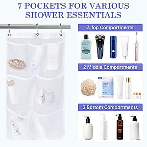 Tucnoeu Mesh Shower Caddy Hanging with 3pcs Adhesive Hooks and 3pcs Metal Loop Hangers, 7 Pockets Shower Hanging Organizer with Quick Drying Mesh,for Shampoo, Soap, White