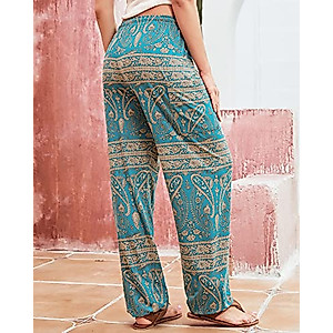 QIANXIZHAN Women's Harem Pants, Hippie Palazzo Pants Boho Joggers Yoga Clothes with Pockets Cyan Flower L