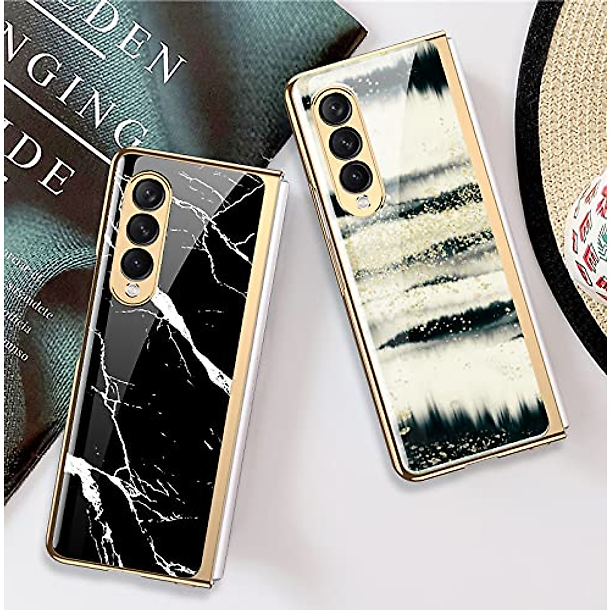 SHIEID Samsung Z Fold 4 Case, Z Fold 4 Case Ultra-Thin Tempered Glass Phone Case Protective Cover for Samsung Galaxy Z Fold 4 5G Fashion Electroplated PC Back Cover, Marble-3
