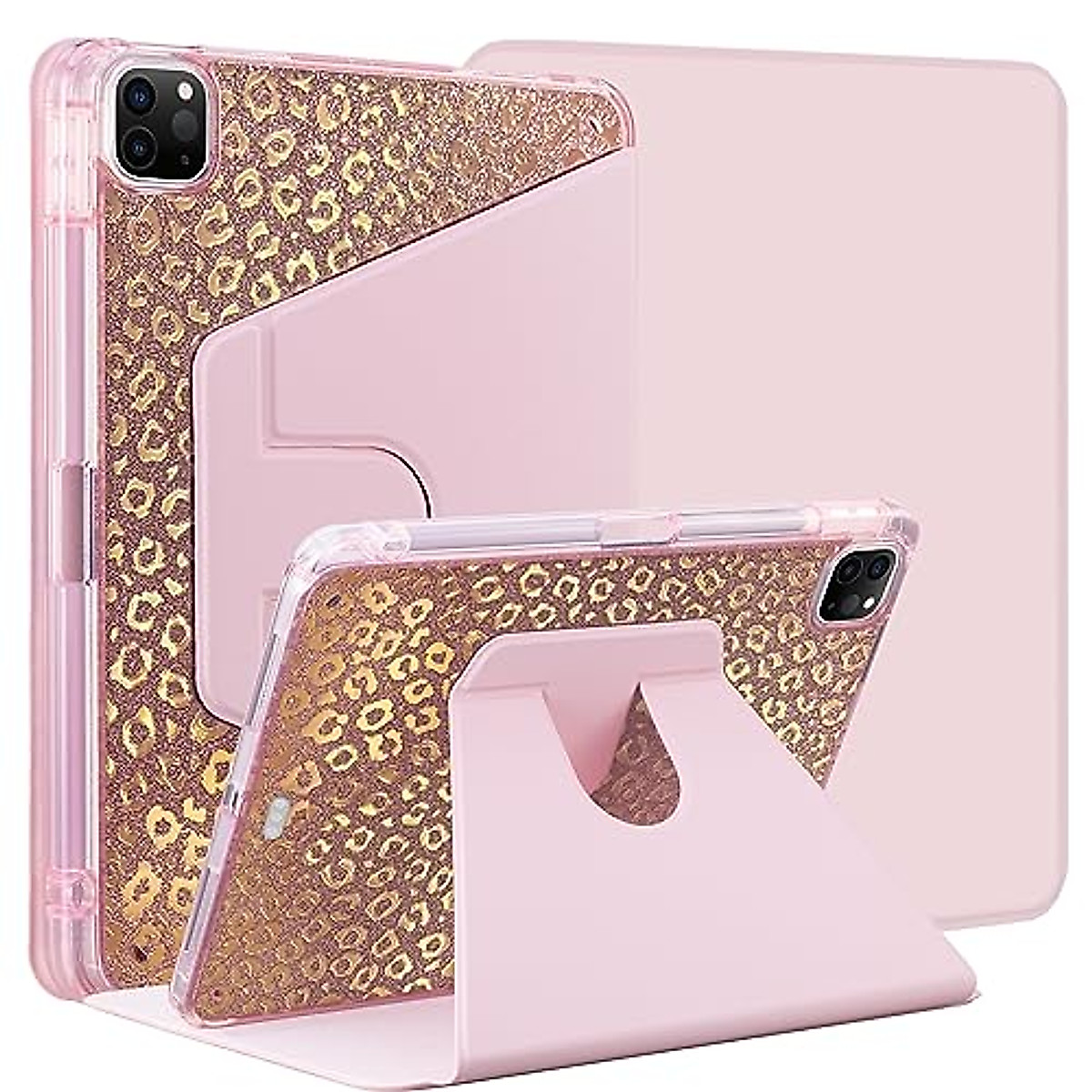 SoFunMoky for iPad Pro 6th/ 5th/ 4th/ 3rd Gen Case 12.9 Inch Cover with Pencil Holder 360 Degree Rotating Stand Glitter Shining Gold Leopard Cheetah Full Protective Auto Wake Sleep Bling, Pink