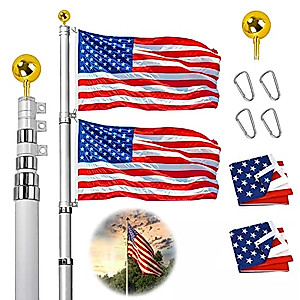 Hooomyai 20FT Telescopic Flag Pole Kit, Heavy Duty Aluminum Telescoping Flagpole Kit Fly 2 Flags, Outdoor In Ground Flagpole with 2 USA Flag & Gold Ball Top for Residential or Commercial, Silver