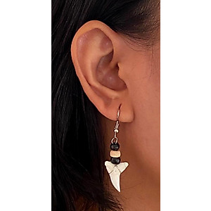 Genuine Mako Shark Tooth Earrings, Handmade Wooden Beads Dangle Shark Tooth Earrings for Women Jewelry GA056-A