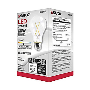 Satco Dimmable Led Filament Lamps, S12416, High Lumens, 8 Watt, A19; Clear; Medium Base; 3500K; 90 CRI; 120 Volt for use at Residential, Hospitality, Display and Commercial (6 LED Light Bulbs)